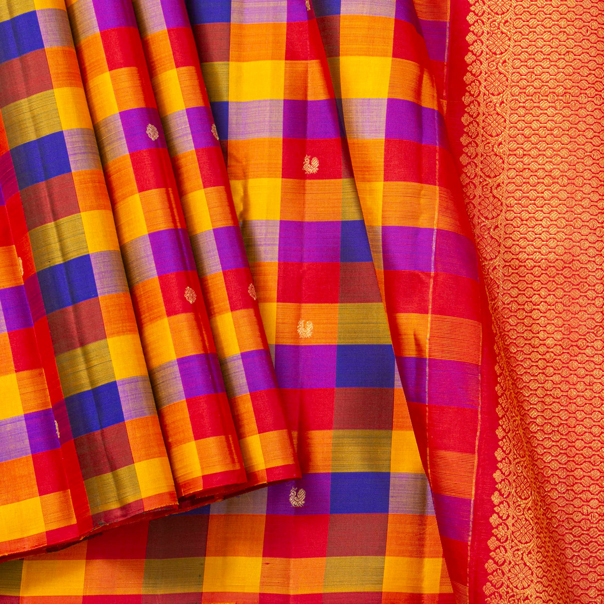 Multi coloured Checks Kanchipuram Silk Saree Borderless For Festive We ...