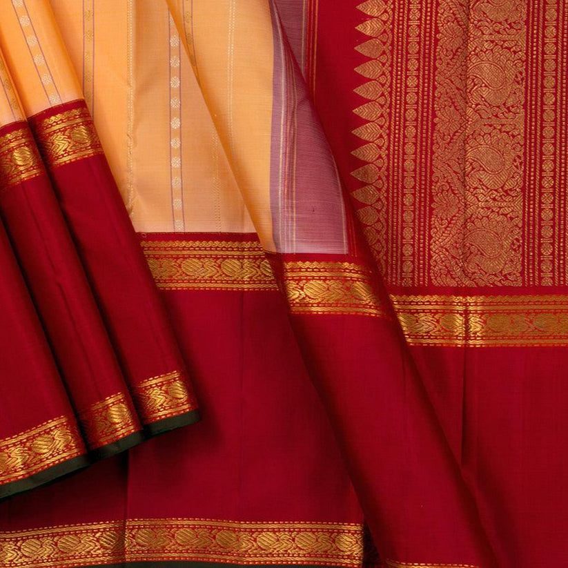 Yellow Kanchipuram Silk Saree With Red Korvai Rettai Pettu Border And ...